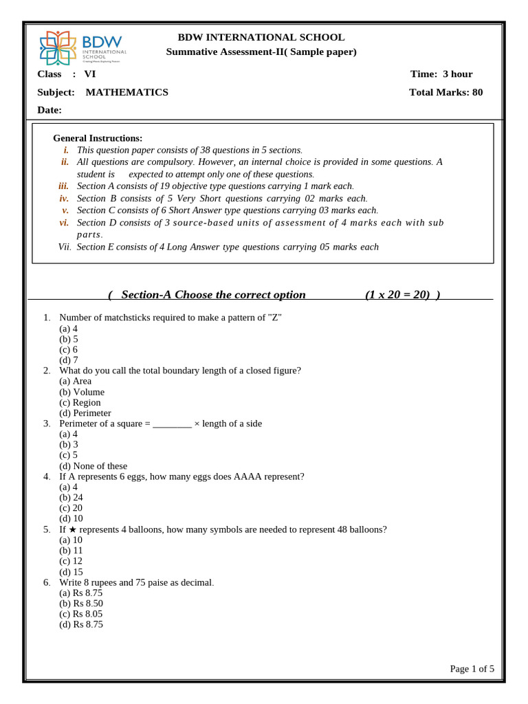 Sample Paper Grade 6 Maths | PDF | Area | Mathematics