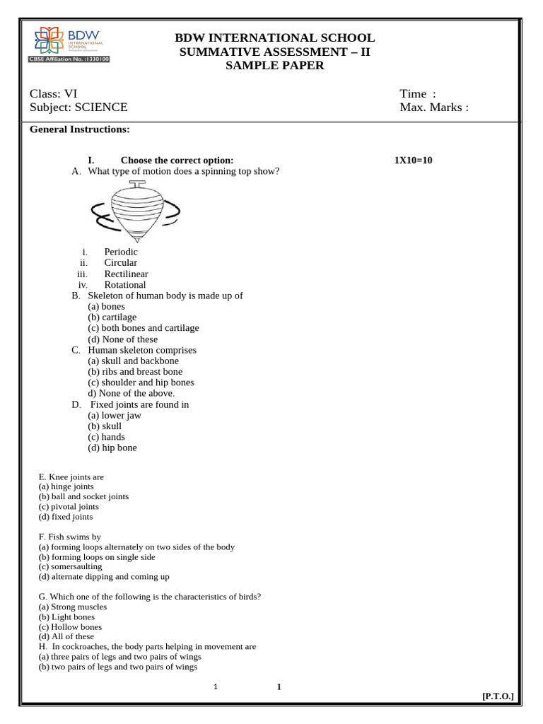 Class VI Science Sample Paper | PDF | Light | Skeleton