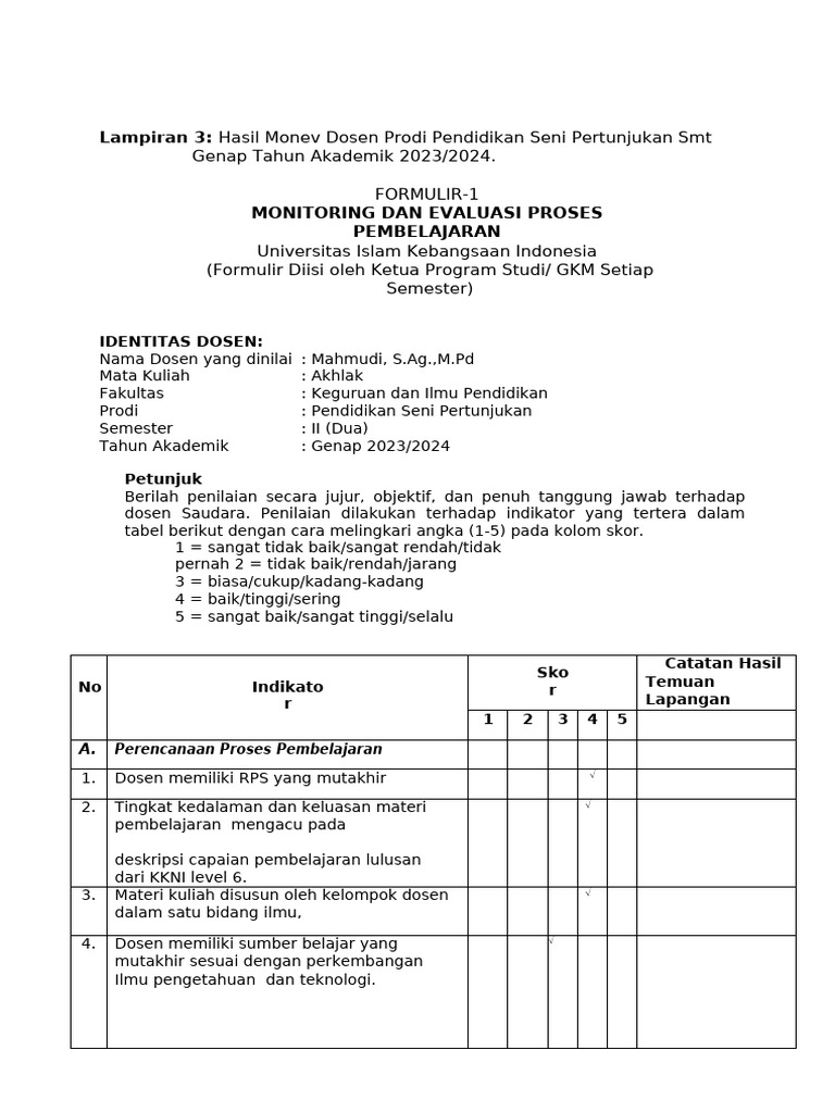 Instrumen Monev Proses Pembelajaran P.SENI PERTUNJUKAN | PDF