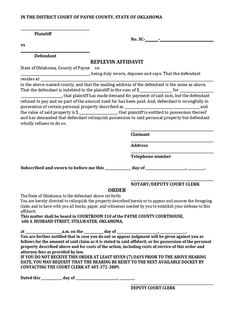 Replevin Affidavit for Personal Property | PDF | Common Law | Public Law