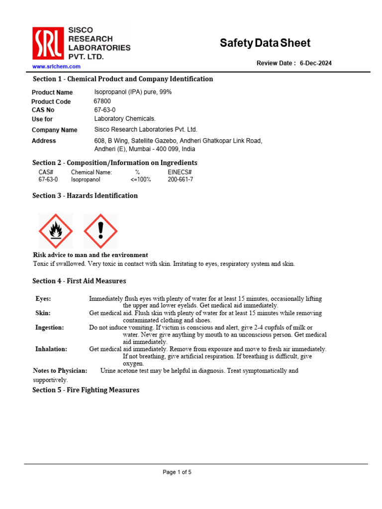 SRL SDS 67 63 0 67800 Isopropanol IPA Pure 99 | PDF | Physical Sciences | Chemistry