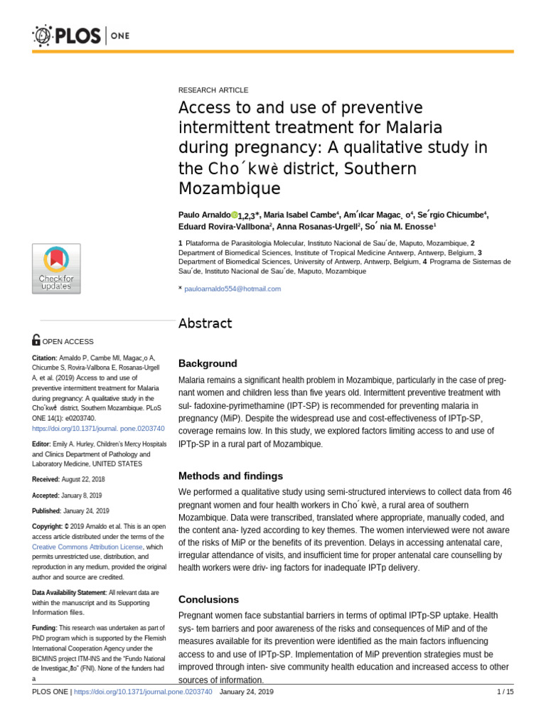 Paper Qualitative Plos One Malaria | PDF | Pregnancy | Malaria