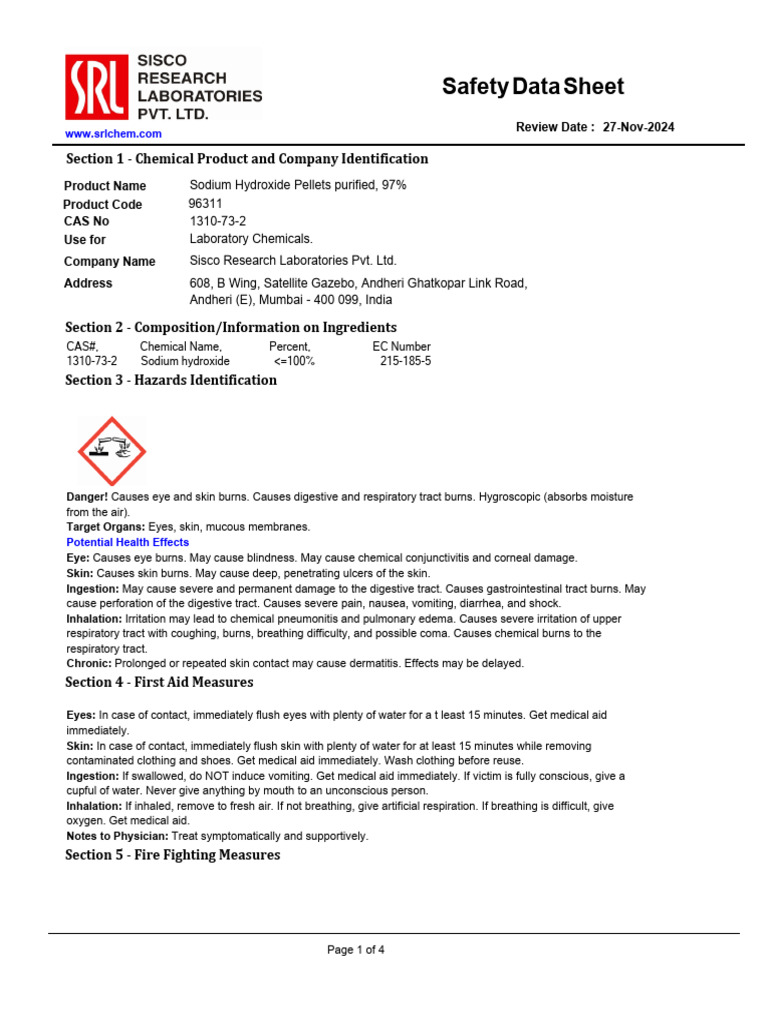 Sodium Hydroxide Pellets SDS | PDF | Chemical Substances | Materials