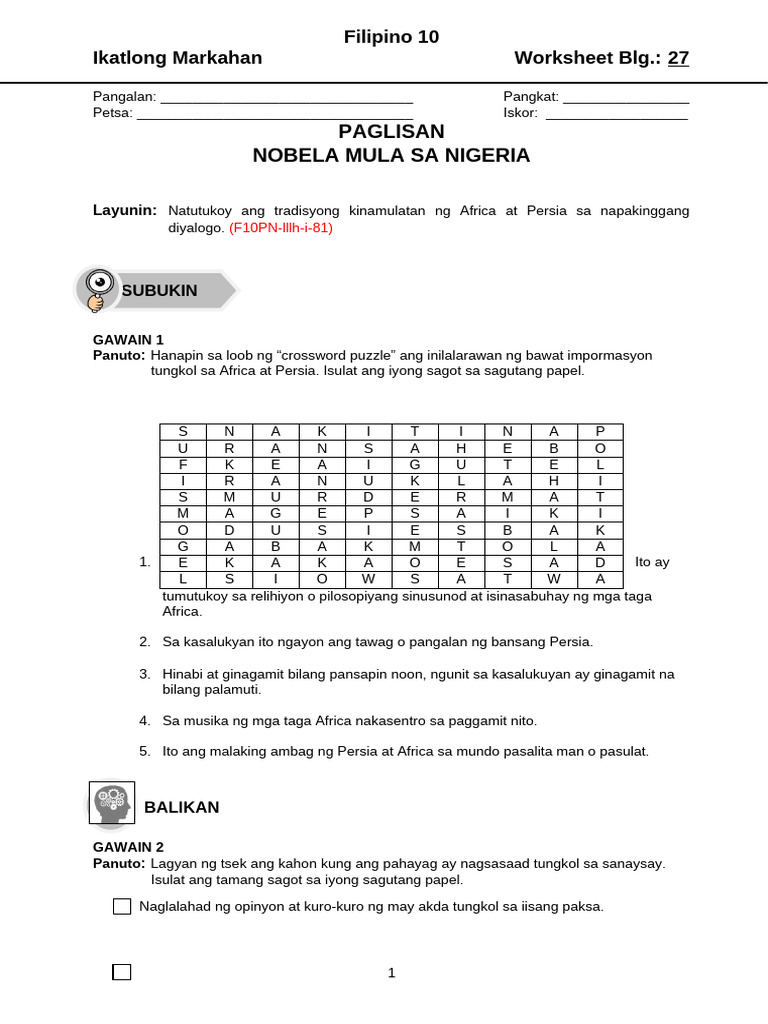 Filipino10 3Q Worksheet 27 | PDF