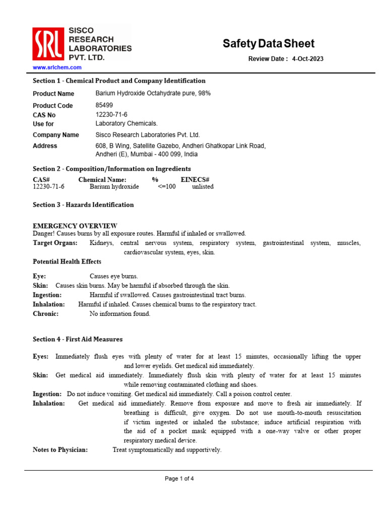 Barium Hydroxide Octahydrate SDS | PDF | Physical Sciences | Materials