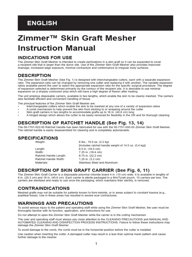 Zimmer Skin Graft Mesher Instruction Manual | PDF | Sterilization (Microbiology) | Washing Machine