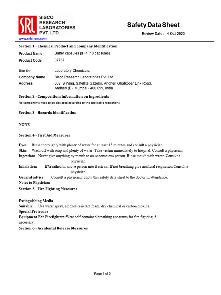 SRL SDS 87767 Buffer Capsules PH 4 10 Capsules | PDF | Safety ...