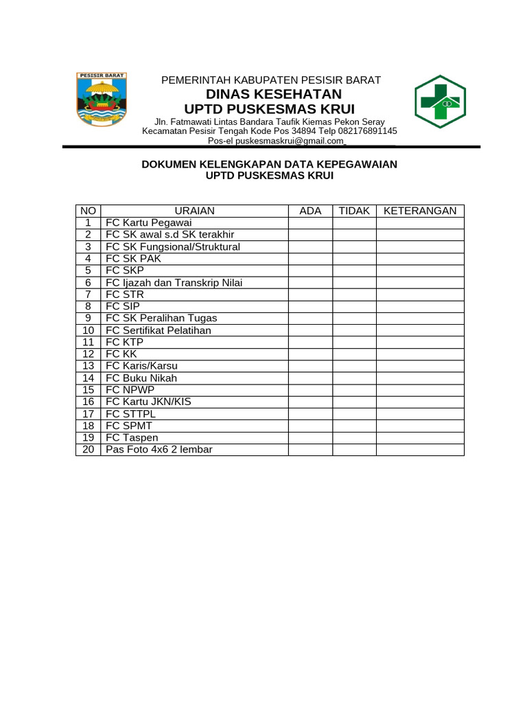 Checklist Data Kepegawaian Puskesmas Krui | PDF