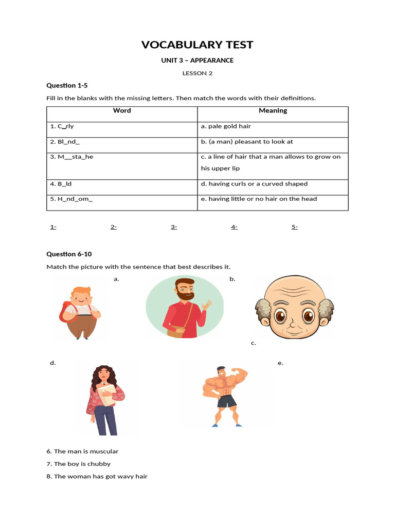 Vocabulary Test: Appearance Unit 3 | PDF