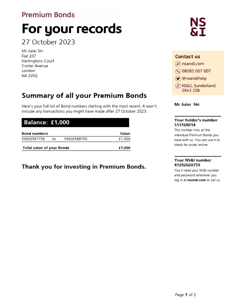 27 October 2023: Summary of All Your Premium Bonds | PDF | Bonds ...