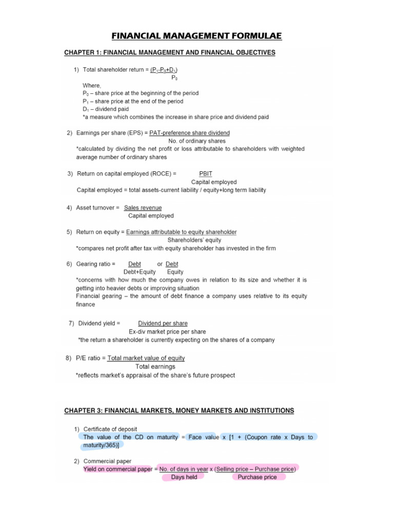 Essential Financial Management Formulae | PDF