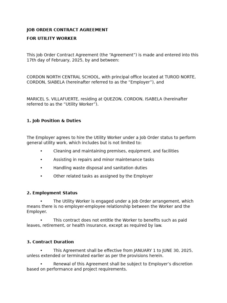 Job Order Contract Agreement Utility | PDF | Employment | Civil Law ...