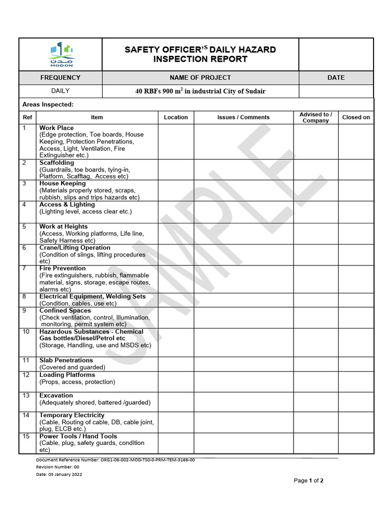 Report-Safety Officer's Daily Inspec | PDF | Safety | Occupational Safety And Health