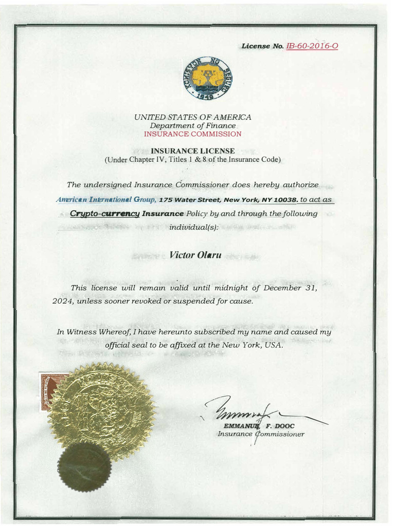 American International Group Insurance License | PDF
