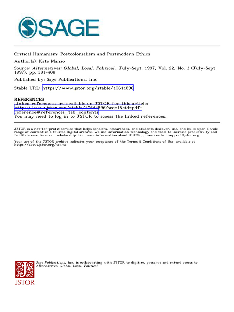 Manzo CriticalHumanismPostcolonialism 1997 | PDF | Immanuel Kant ...