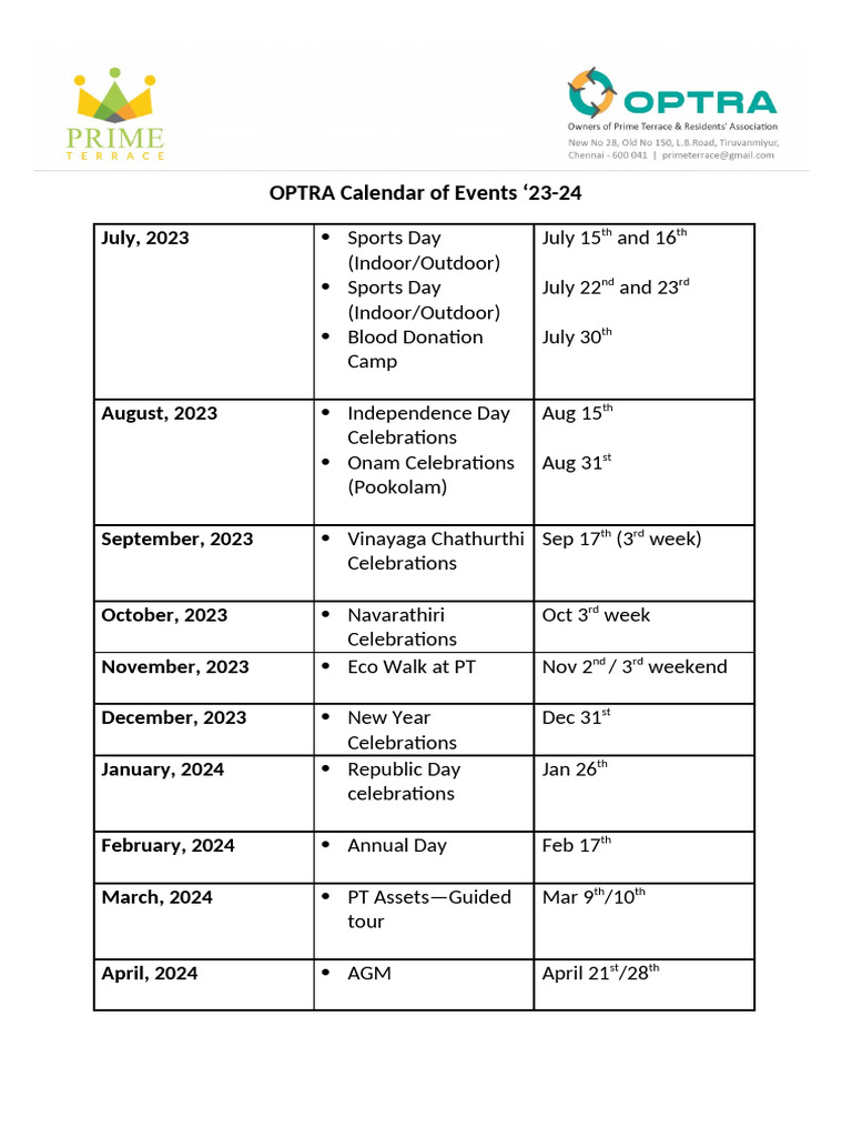 OPTRA Events Calendar 2023-2024 | PDF