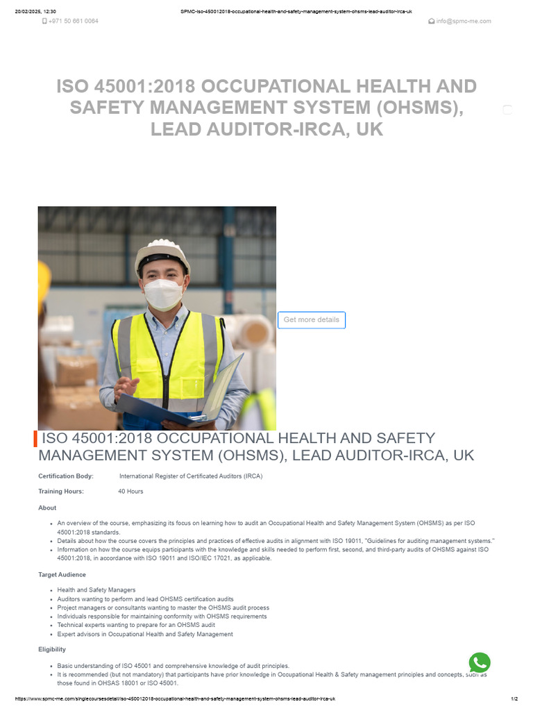 SPMC Iso 450012018 Occupational Health and Safety Management System Ohsms Lead Auditor Irca Uk ...