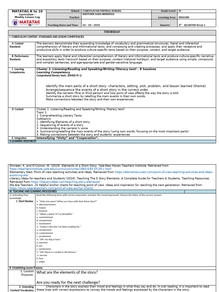 Grade 4 English Weekly Lesson Plan | PDF | The Chronicles Of Narnia | C ...