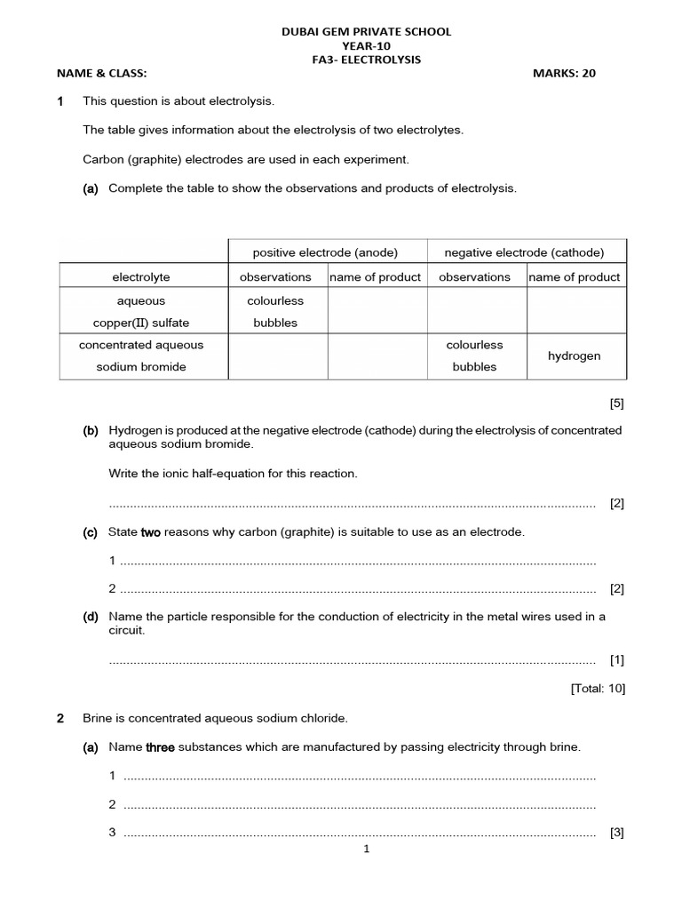 Electrolysis - Assessment IGCSE 20marks | PDF | Anode | Electrode