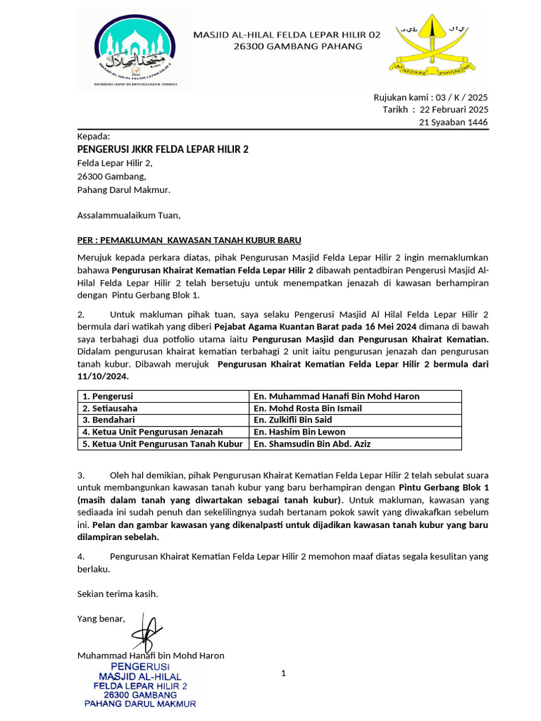 Surat (3 - K) PERMAKLUMAN KAWASAN TANAH KUBUR - JKKR | PDF