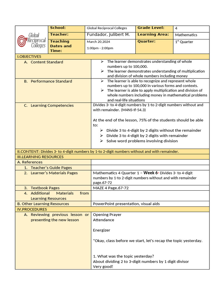 4th Grade Math Division Lesson Plan | PDF | Division (Mathematics ...