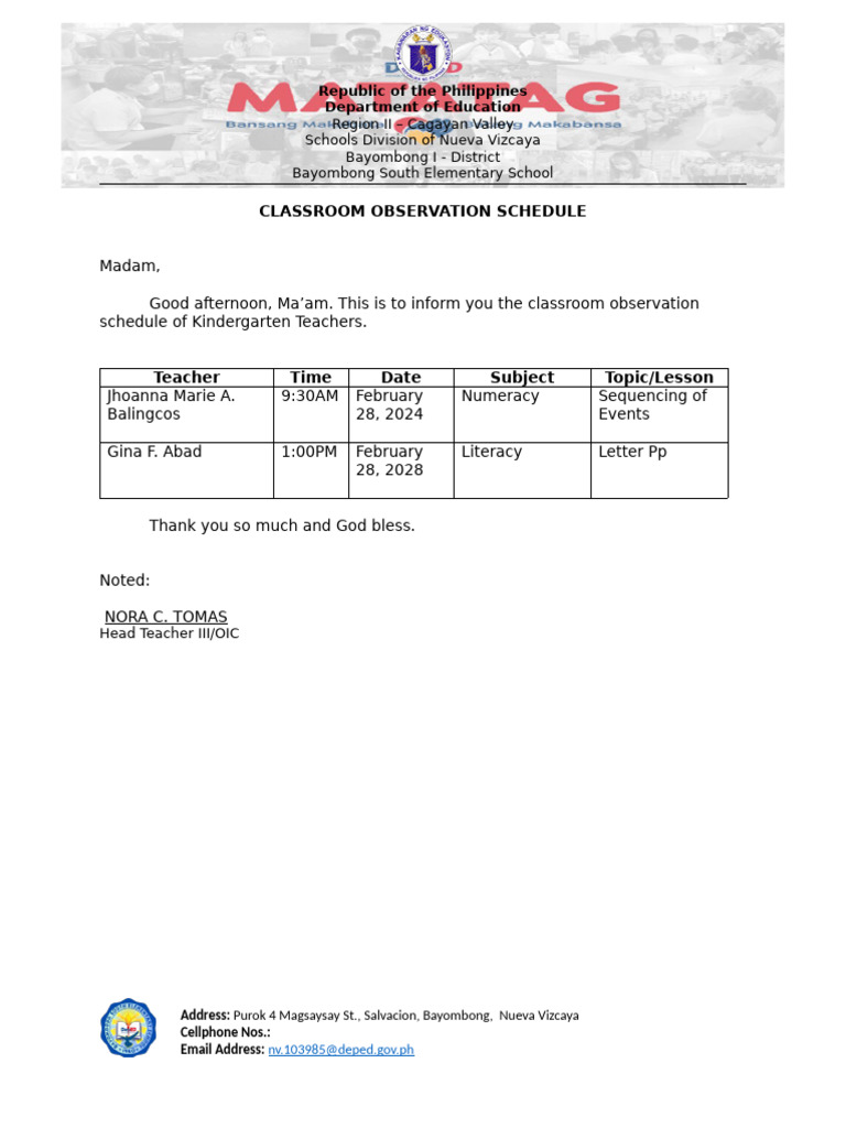 Classroom Observation Schedule | PDF