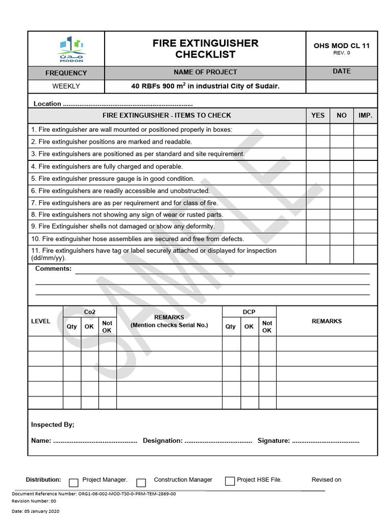 Fire Extinguisher Weekly Checklist | PDF | Equipment