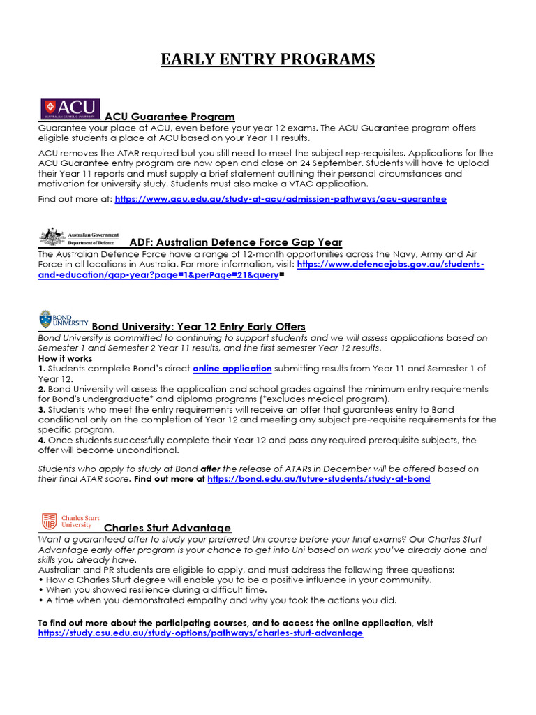 ACU Early Entry Programs Overview | PDF | Higher Education ...