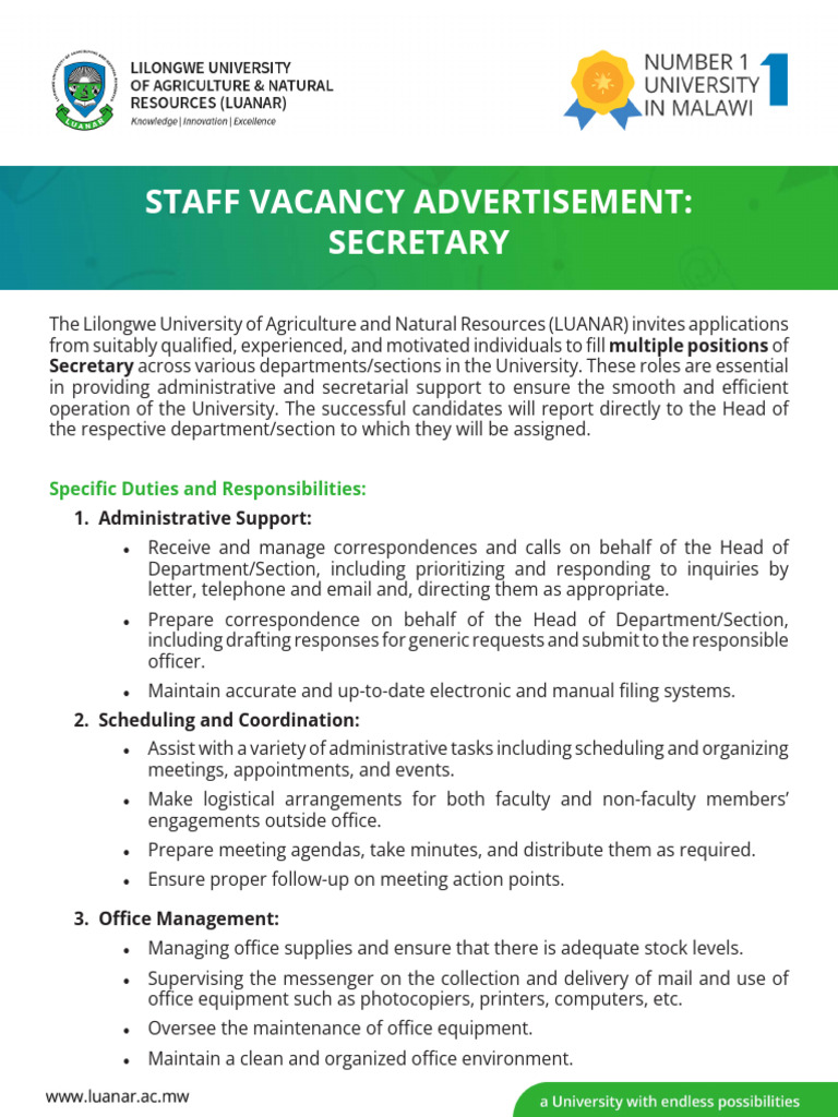 LUANAR Secretary Vacancies 2025 | PDF