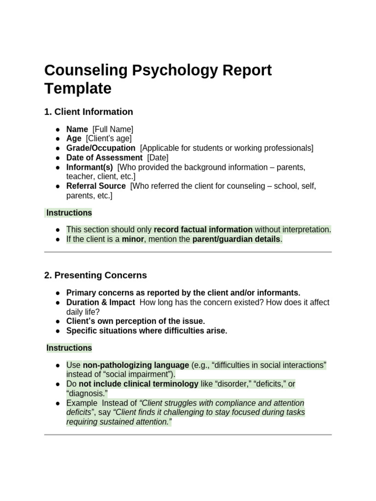 Counseling Psychology Report Template | PDF | Psychotherapy | Emotions