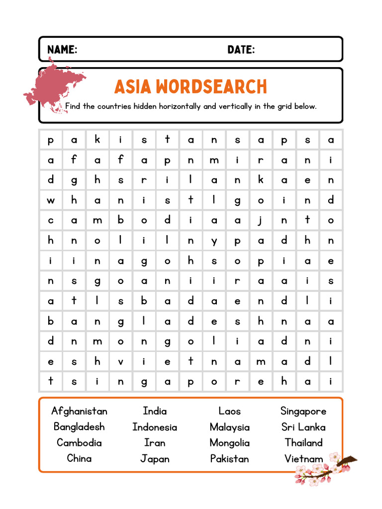 Asia Countries Word Search Puzzle | PDF