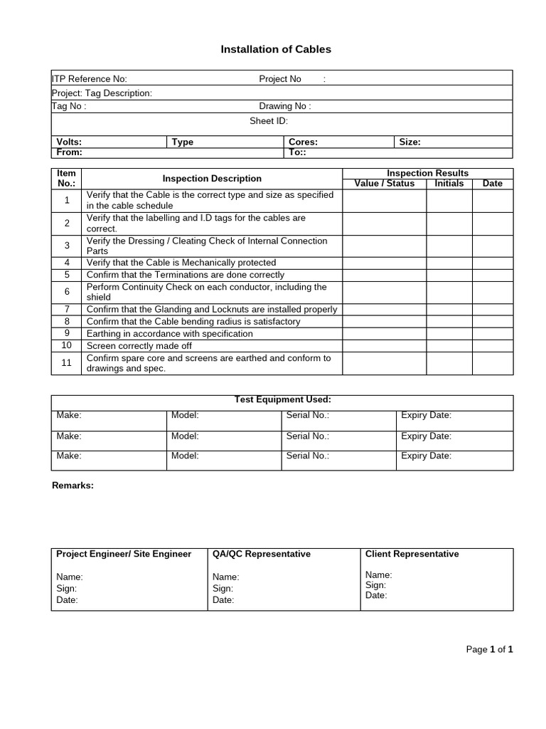 Cable Installation Inspection Checklist | PDF