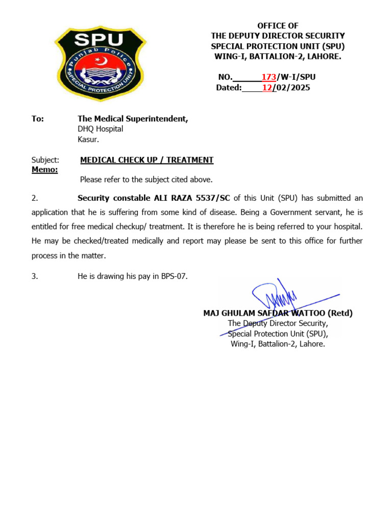 Medical Checkup for SPU Constable | PDF