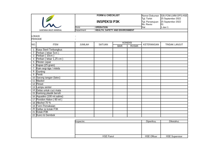 Checklist Inspeksi P3K HSE 2022 | PDF
