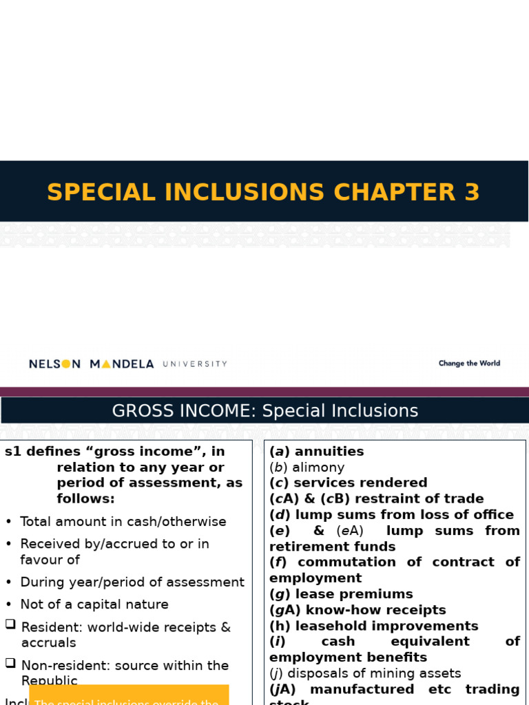 TAX 301 - 02 - Special Inclusions - Exemptions - Lecture Slides | PDF | Gross Income | Lease