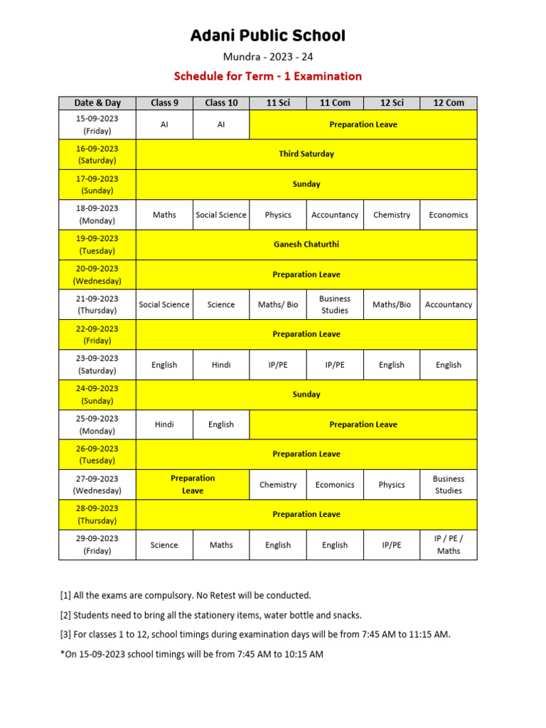 Term 1 Exam Schedule 2023-24 | PDF