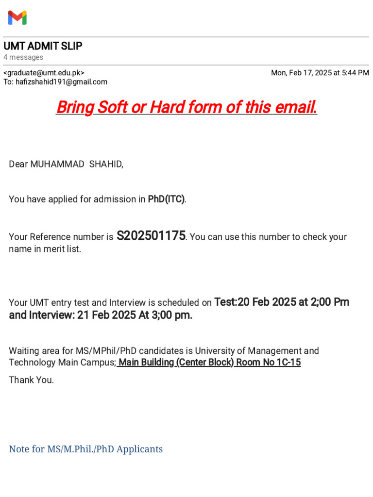 UMT PhD Admission Test Details | PDF