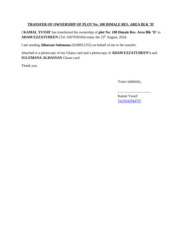 Ownership Transfer of Plot 108 Dimale | PDF