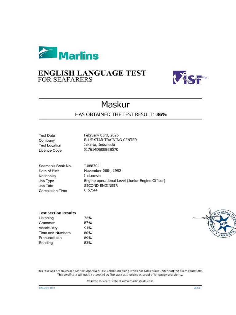 Marlins Test - 2ND Engineer - Maskur | PDF