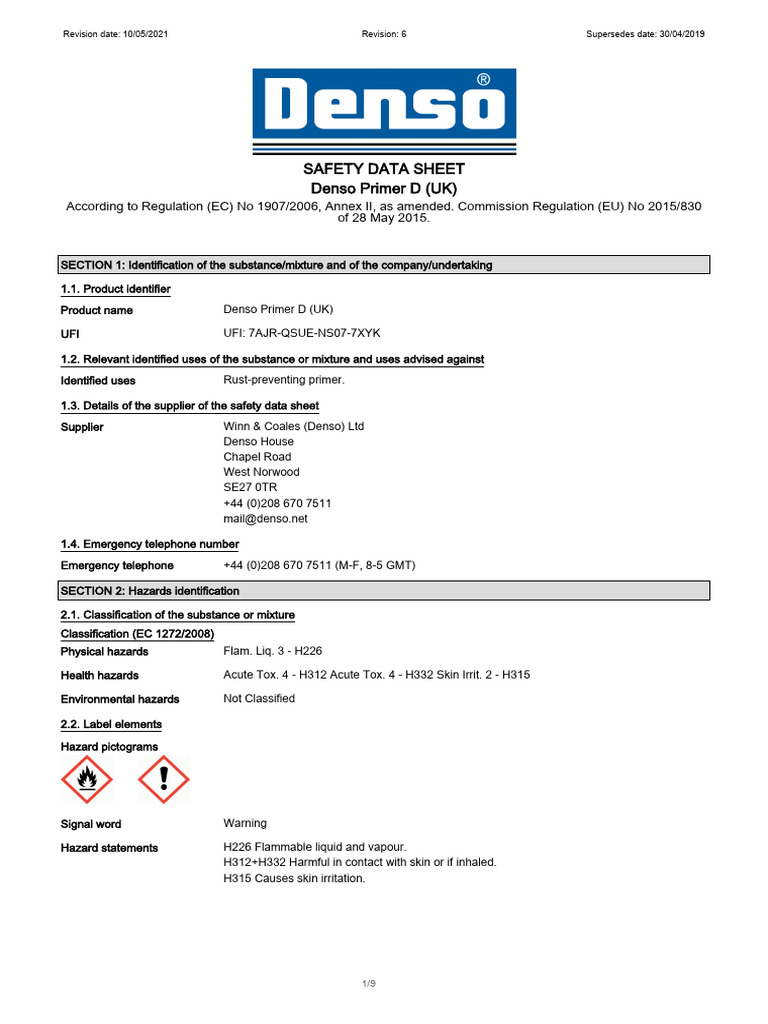 Denso Primer D (UK) | PDF | Waste | Personal Protective Equipment