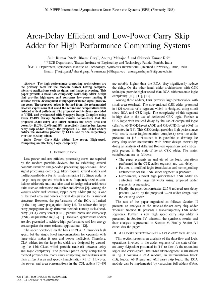 Area-Delay Efficient and Low-Power Carry Skip Adder For High Performance Computing Systems | PDF ...
