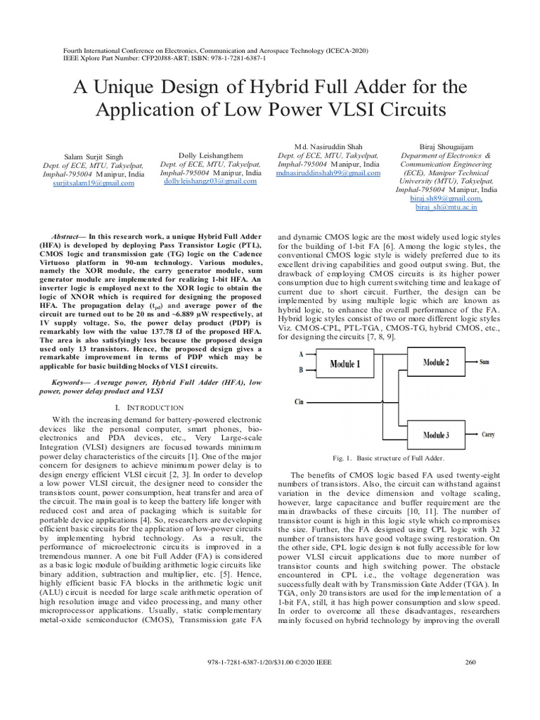 Low Power Hybrid Full Adder Design | PDF | Logic Gate | Cmos
