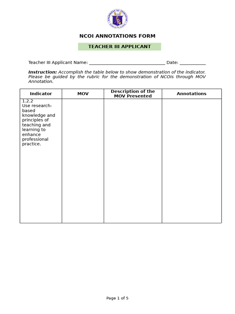 NCOI Annotations Form For Teacher III Applicant | PDF | Learning ...