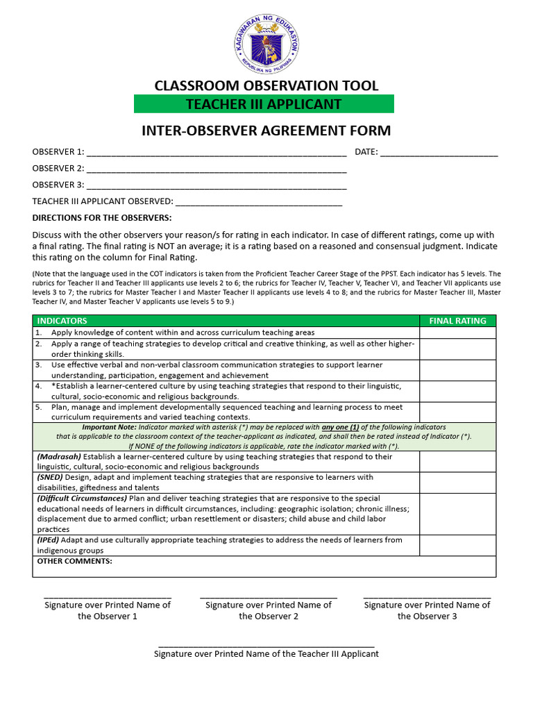 COT-Inter-Observer Agreement Form Teacher III Applicant | PDF ...