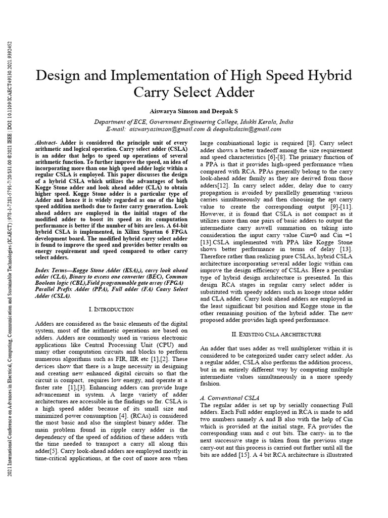 Design and Implementation of High Speed Hybrid Carry Select Adder | PDF | Digital Electronics ...