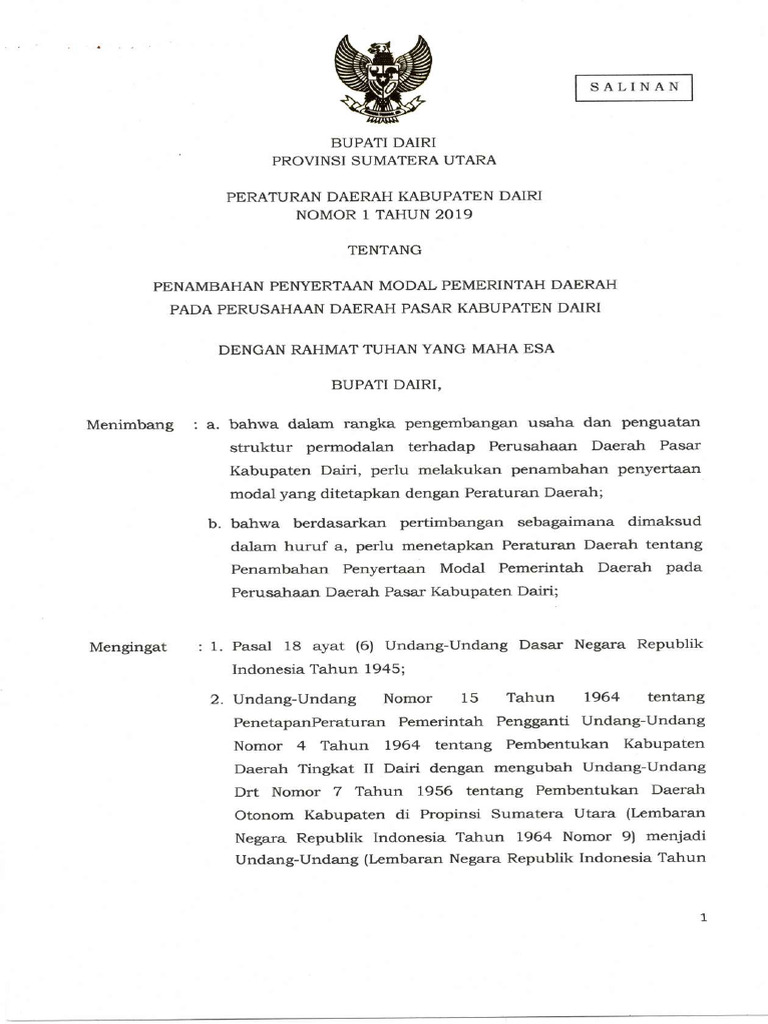 Perda No 1 2019 Penambahan Penyertaan Modal PD Pasar Compressed | PDF