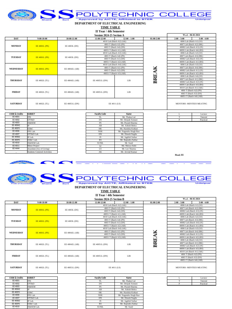 EE Time Table for 2024-25 Sessions | PDF