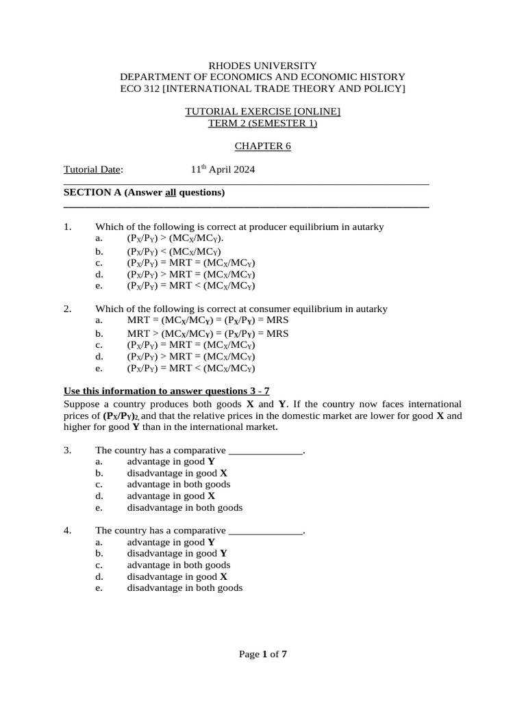 ECO 312 Tutorial Chapter 6 (2024 Tutorial Questions) | PDF | Economies | Economics