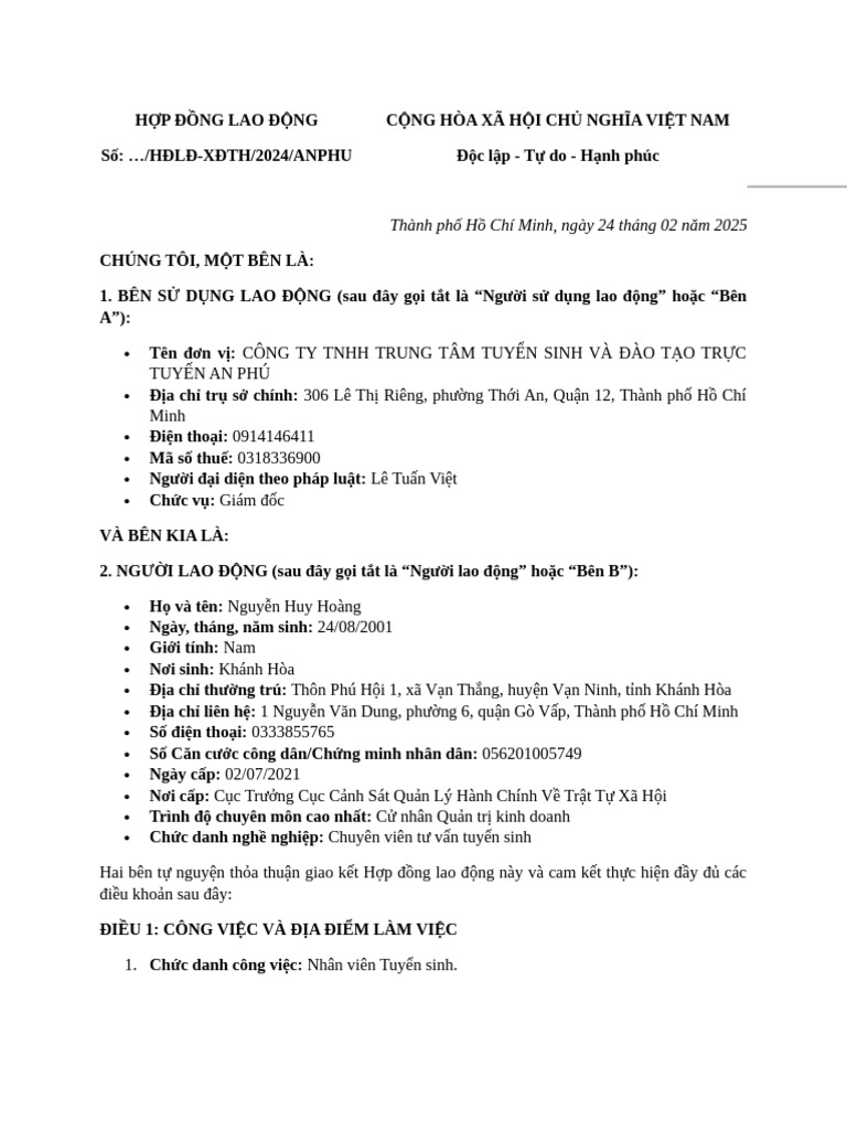 HDLD Tuyen Sinh | PDF