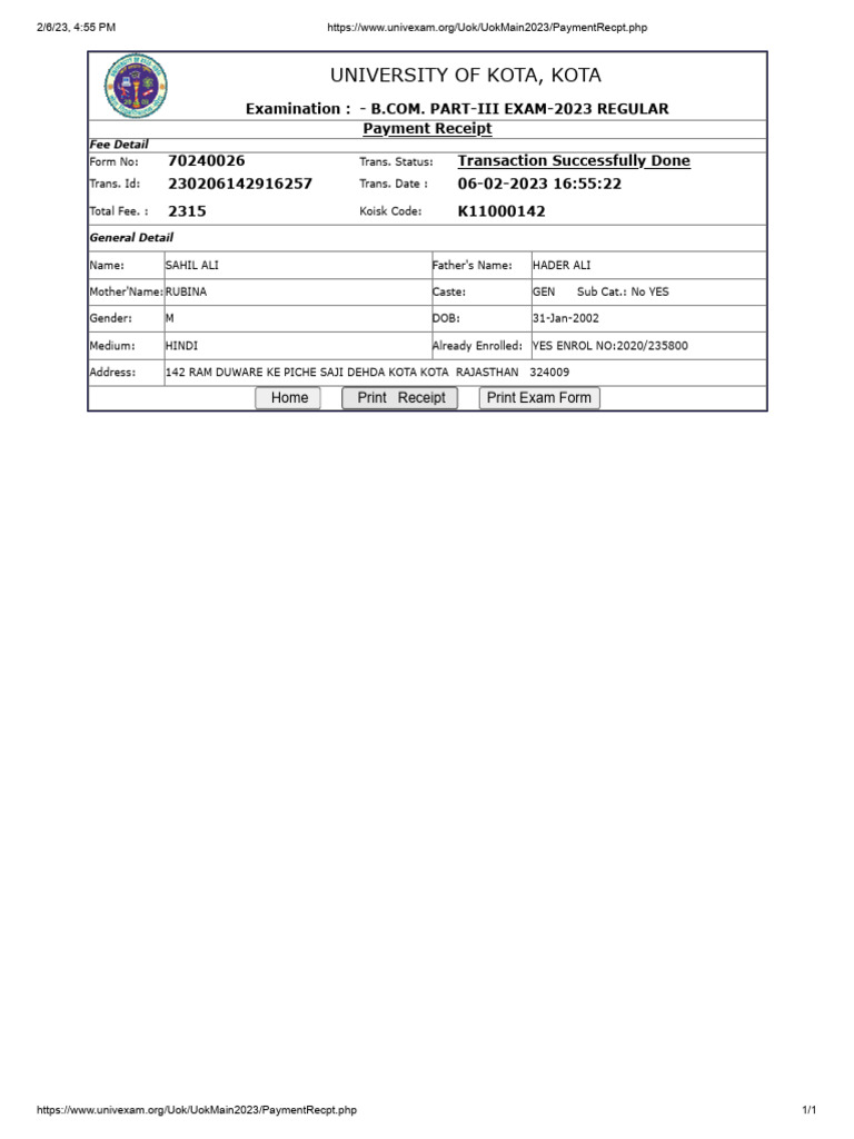 B.Com Part-III Exam Payment Receipt | PDF